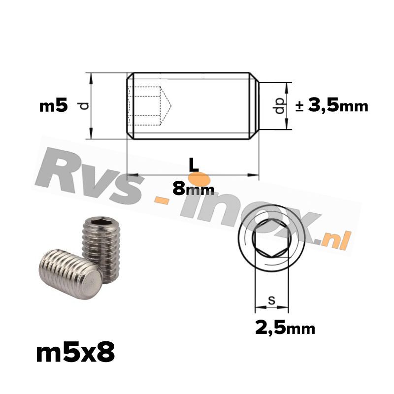 Rvs stelschroef m5x8 - ISO 4026 A2 | Rvs-inox.nl