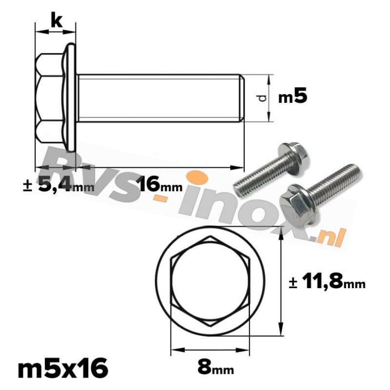 Rvs zeskantflensbout m5x16 - DIN 6921 A2 | Rvs-inox.nl
