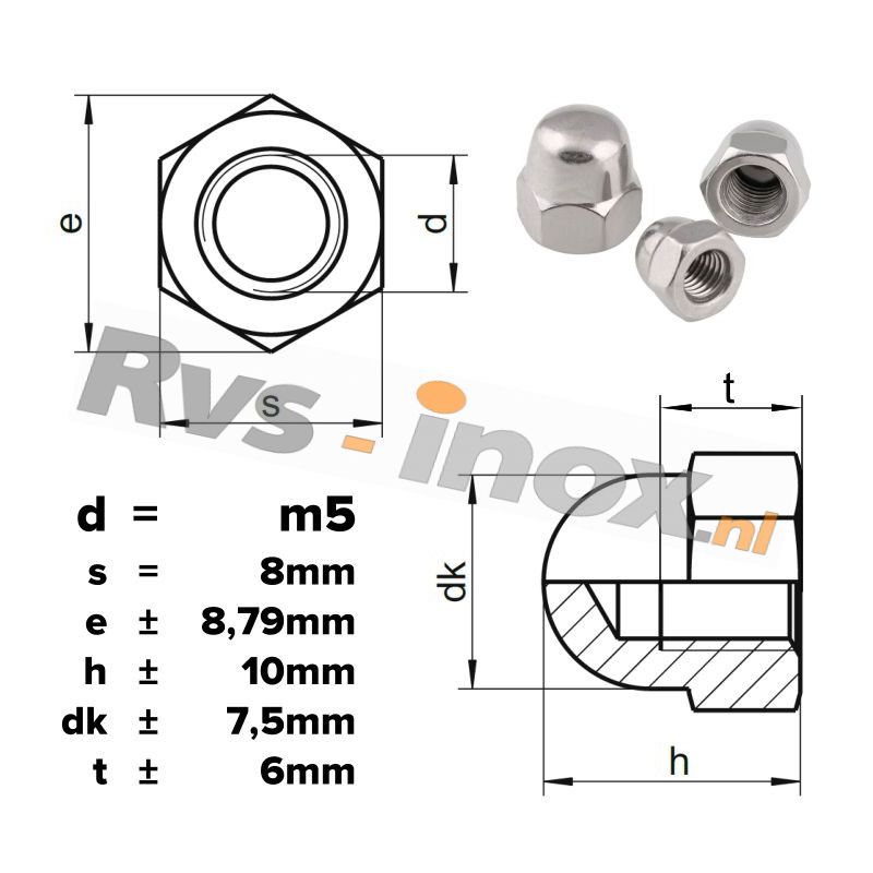 Rvs dopmoer m5 - DIN 1587 A2 | Rvs-inox.nl