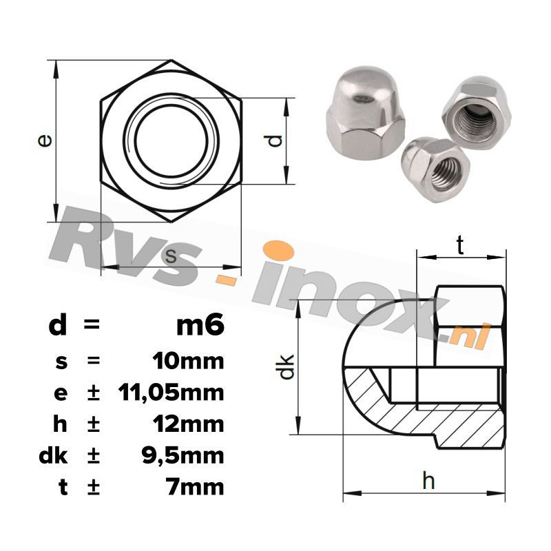 Rvs dopmoer m6 - DIN 1587 A2 | Rvs-inox.nl