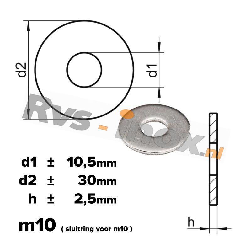 Rvs sluitring m10 - DIN 9021 A2 | Rvs-inox.nl